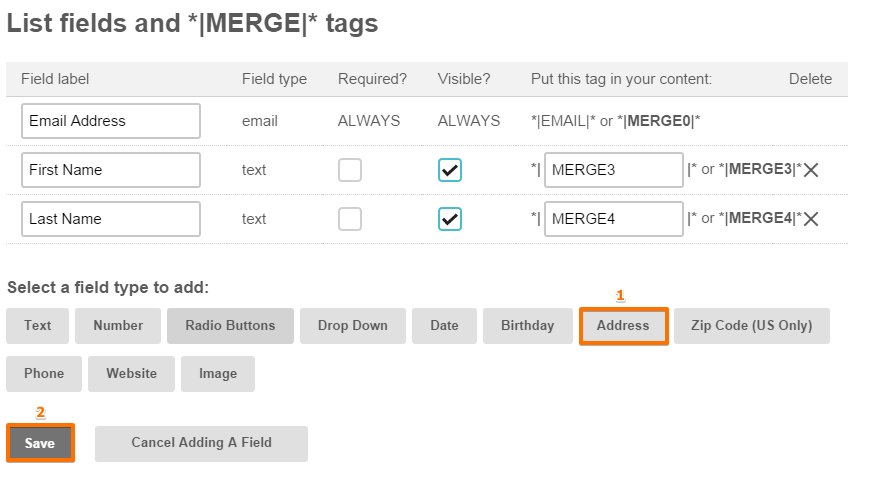How to match the address fields in MailChimp with the address field from "quick tools" menu?